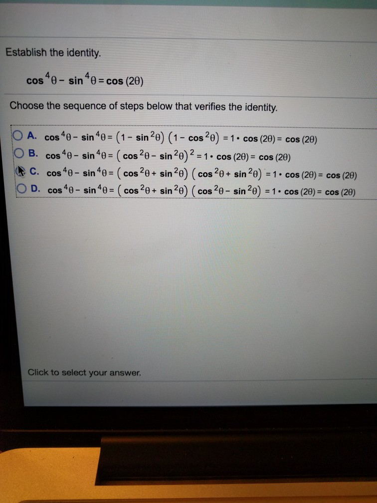 Solved Establish the identity. cos^4 theta - sin^4 theta = | Chegg.com