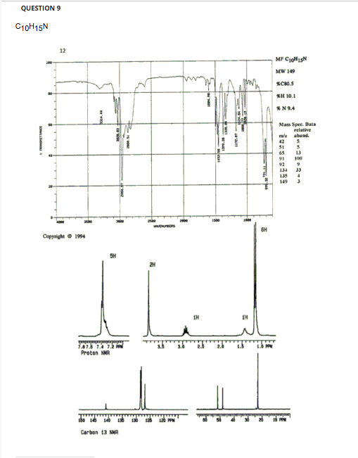 Solved QUESTION 9 C10H15N MW 149 %H 10.1 %N9.4 Mass Spee. | Chegg.com