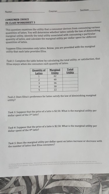 Solved Name Course: Section CONSUMER CHOICE IN-CLASS | Chegg.com