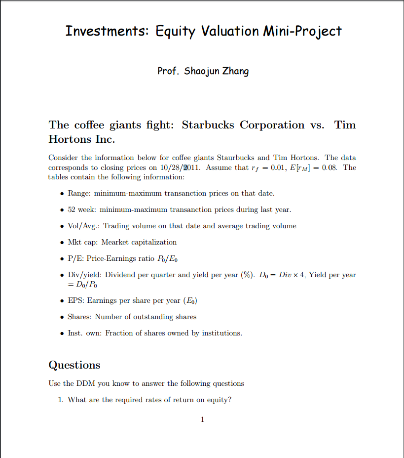 Solved Investments: Equity Valuation Mini-Project Prof. | Chegg.com