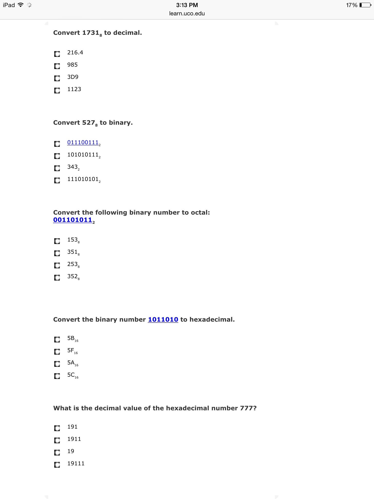 Solved iPad 3:13 PM earn uco.edu Convert 17318 to decimal. C | Chegg.com