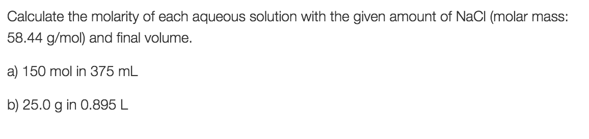 Solved Calculate the molarity of each aqueous solution with | Chegg.com