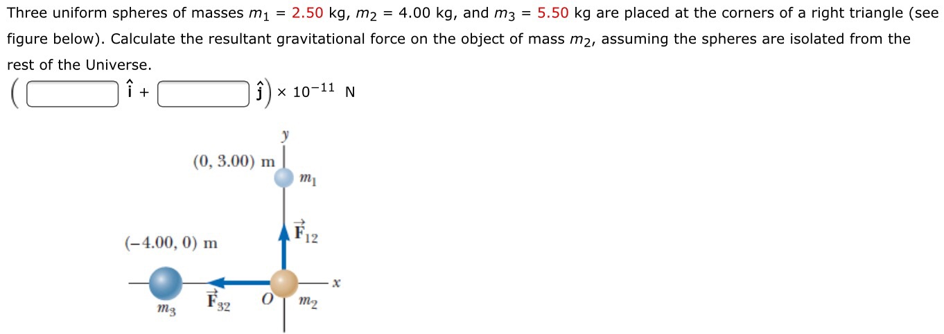 Three uniform spheres of masses m1 = 2.50 kg, m2 = | Chegg.com