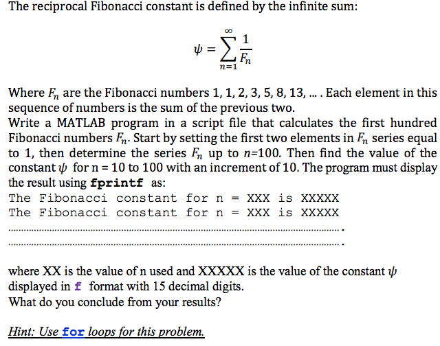 Solved The Reciprocal Fibonacci Constant Is Defined By The