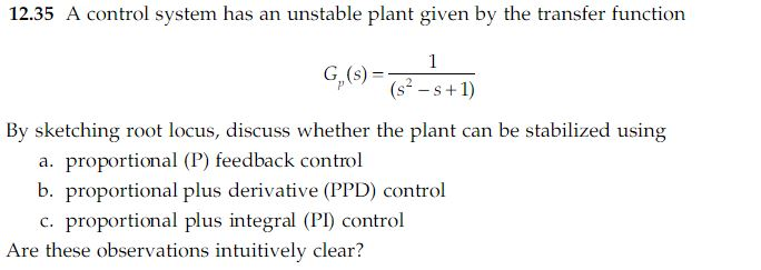 Solved A control system has an unstable plant given by the | Chegg.com