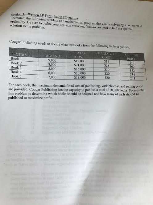 Solved Formulate the following problem as a mathematical | Chegg.com