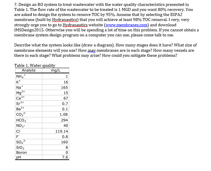 Design an RO system to treat wastewater with the | Chegg.com
