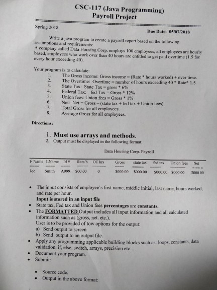 Solved CSC-117 (Java Programming) Payroll Project Spring | Chegg.com