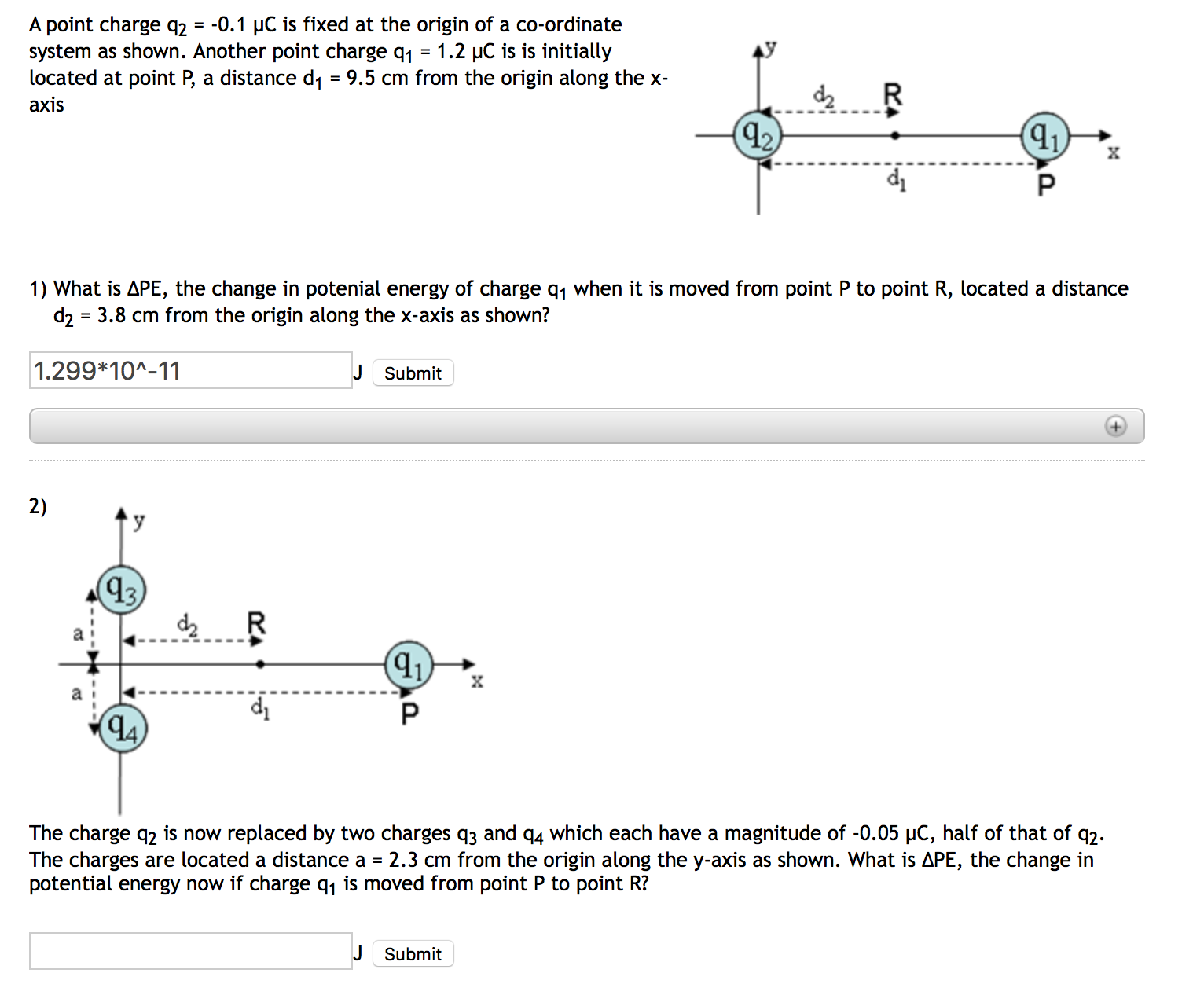 Solved A point charge q2 = -0.1 ?C is fixed at the origin | Chegg.com