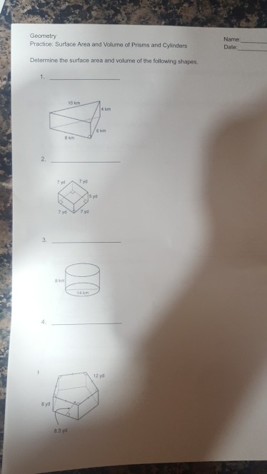 Solved Geometry Practice: Surface Area and Volume of Prisms | Chegg.com