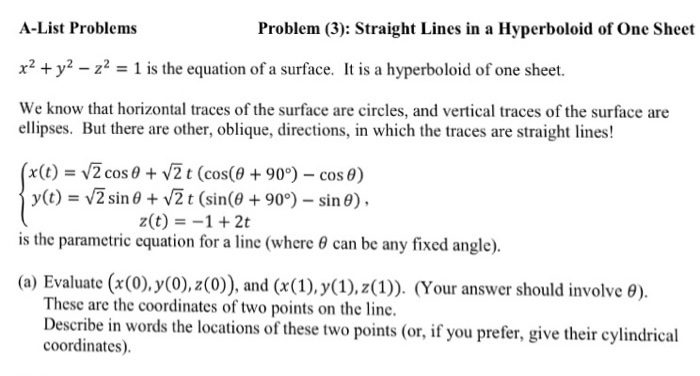 Solved Straight Lines in a Hyperboloid of One Sheet X2 + y | Chegg.com
