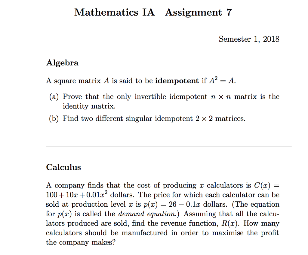 Solved Mathematics IA Assignment 7 Semester 1, 2018 Algebra | Chegg.com
