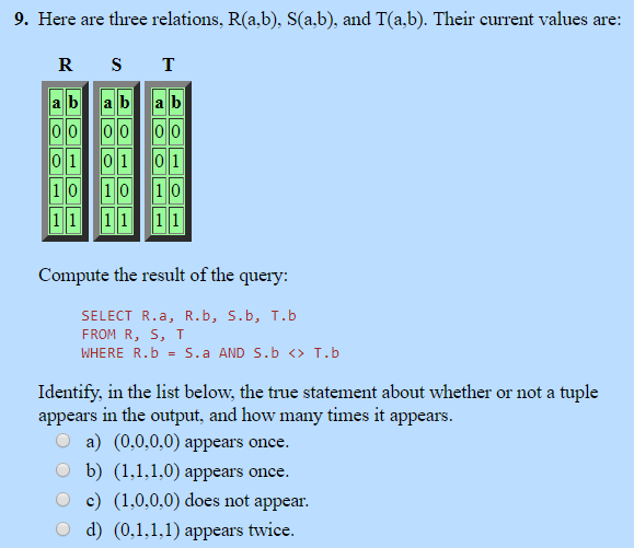 Solved 9. Here are three relations, R(a,b). S(a.b), and | Chegg.com