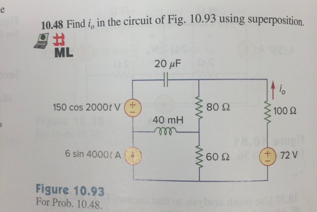 Solved 10.93 using superposition. 10.48 Find io in the | Chegg.com