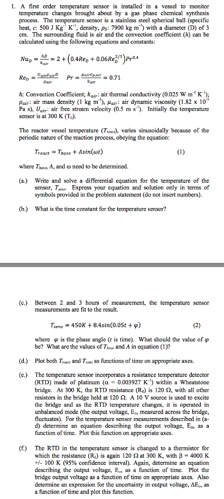 A first order temperature sensor is installed in a | Chegg.com
