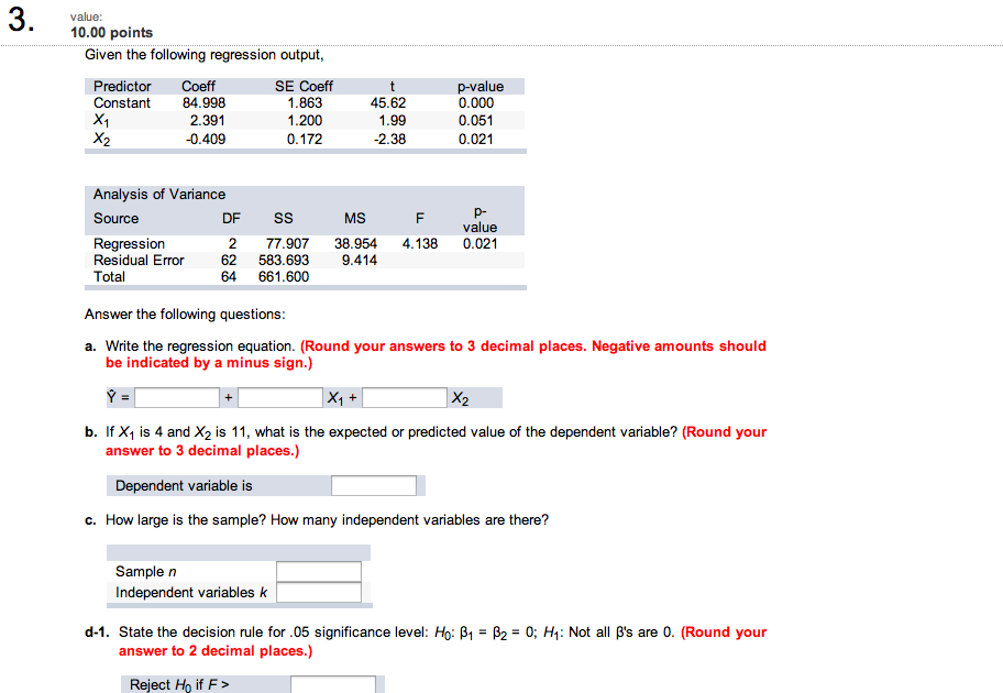 Solved Given The Following Regression Output Write The 1385