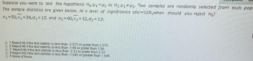 Solved Suppose you want to test the hypothesis H0:mu1 =mu2 | Chegg.com
