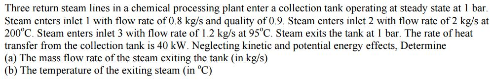 Solved Three return steam lines in a chemical processing | Chegg.com