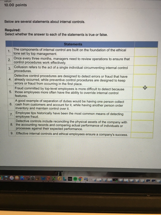 Solved Below are several statements about internal controls. | Chegg.com