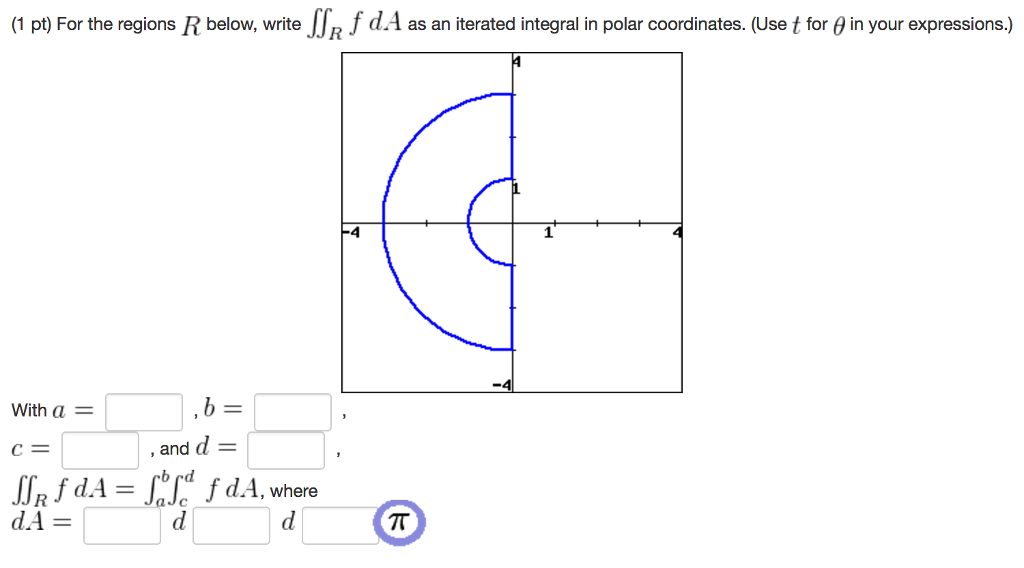 Solved For the regions R below, write doubleintegral_R f dA | Chegg.com