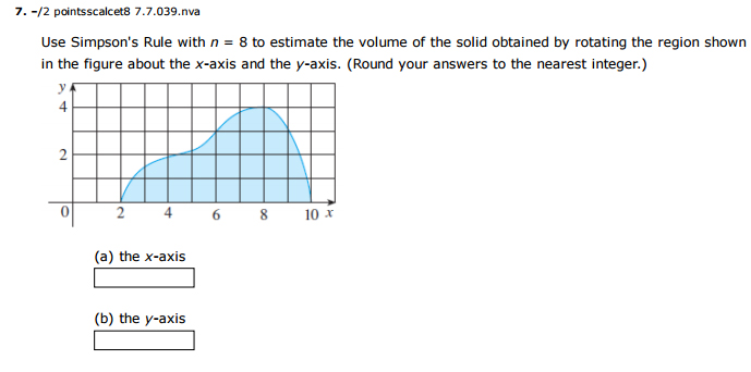 Solved Use Simpson's Rule with n = 8 to estimate the volume | Chegg.com