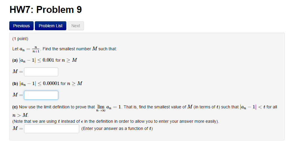 Solved Let a_n = n/n + 1. Find the smallest number M such | Chegg.com