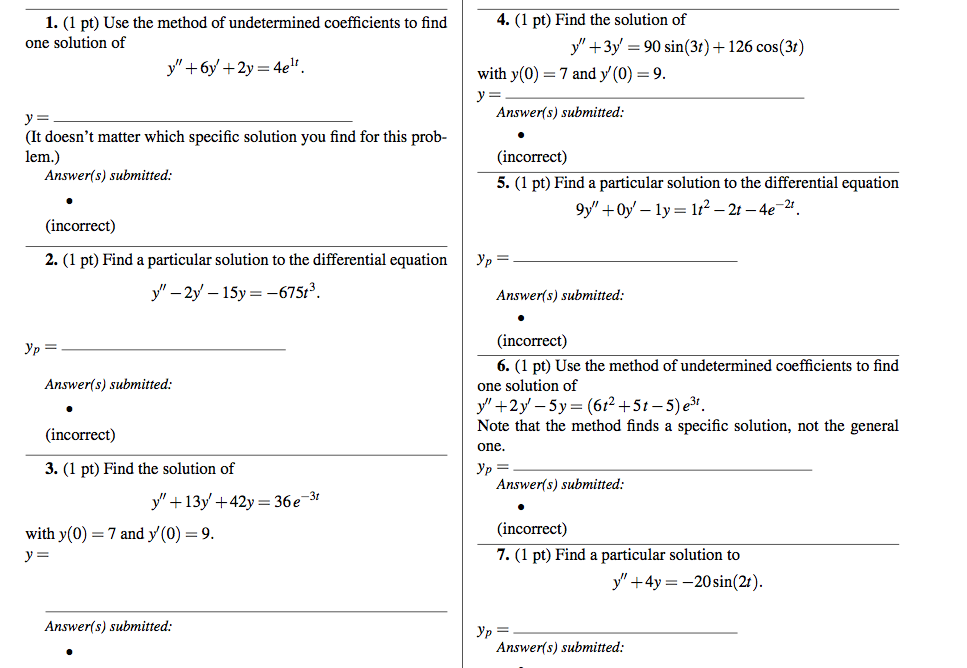 Solved 1. (1 pt) Use the method of undetermined coefficients | Chegg.com