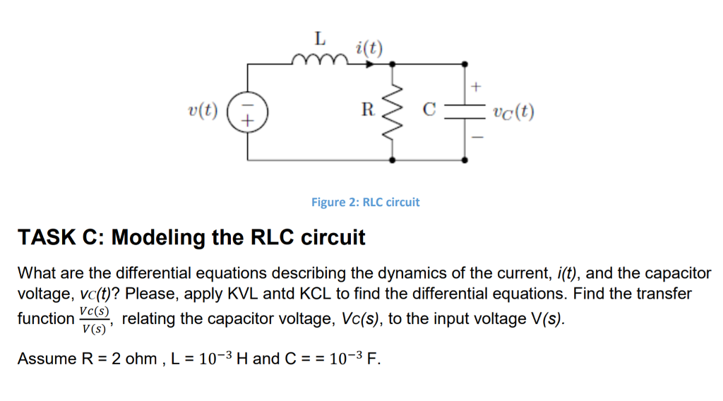 Solved L i(t) RCct) Figure 2: RLC circuit TASK C: Modeling | Chegg.com