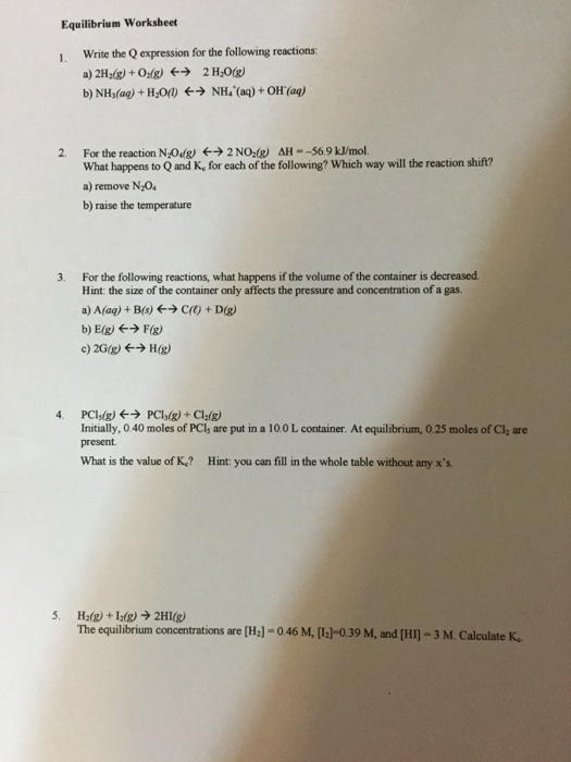 Solved Equilibrium Worksheet Write the Q expression for the | Chegg.com