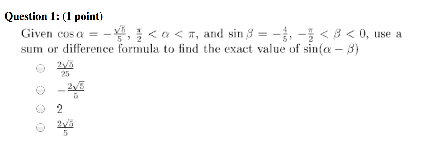 Solved Given cos alpha = - square root 5/5, pi/2