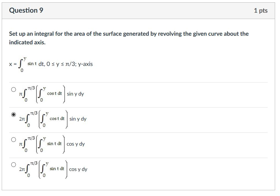 Solved Question 9 1 pts Set up an integral for the area of | Chegg.com