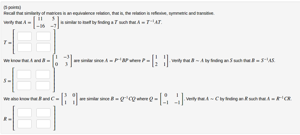 Solved Recall that similarity of matrices is an equivalence | Chegg.com