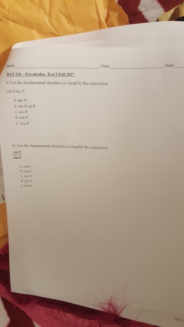 Solved Class Date 9. Use the fundarmental identities to | Chegg.com