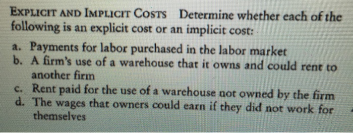 Solved Explicit and Implicit Costs Determine whether each of | Chegg.com