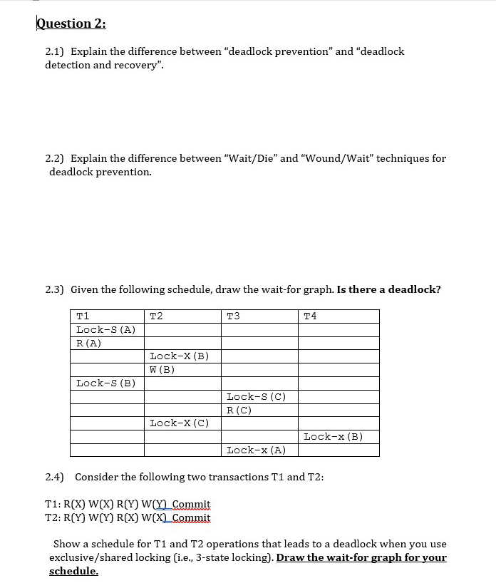 Solved Uestion 2 1 Explain The Difference Between “deadlock