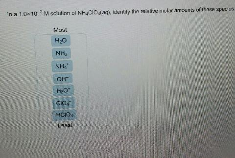 Solved In a 1.0 x 10^-2 M solution of NH4ClO4(aq), identify | Chegg.com