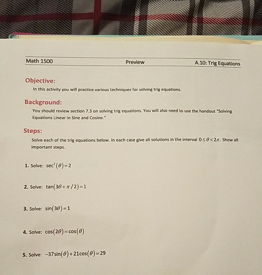 Solved Math 1500 Preview A.10: Trig Equations Objective: In | Chegg.com