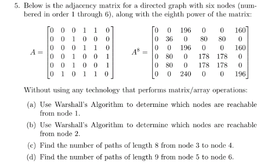 Solved 5. Below is the adjacency matrix for a directed graph | Chegg.com
