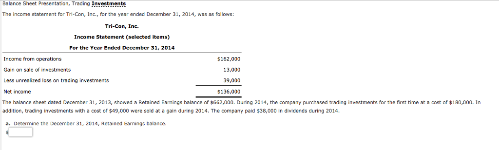 Solved Balance Sheet Presentation, Trading Investments The | Chegg.com