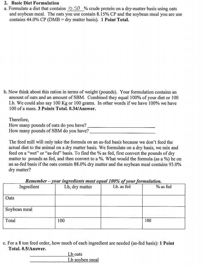 Solved 2. Basic Diet Formulation a. Formulate a diet that | Chegg.com