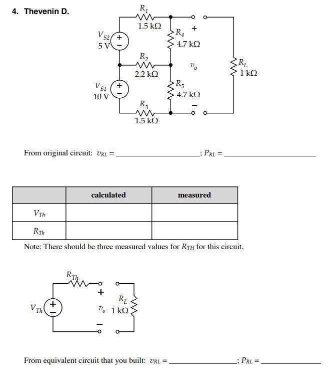 Solved 4. Thevenin D 1.5 kΩ S2/ + 4.7 kΩ 2.2 kΩ 4.7 kΩ 1.5 | Chegg.com
