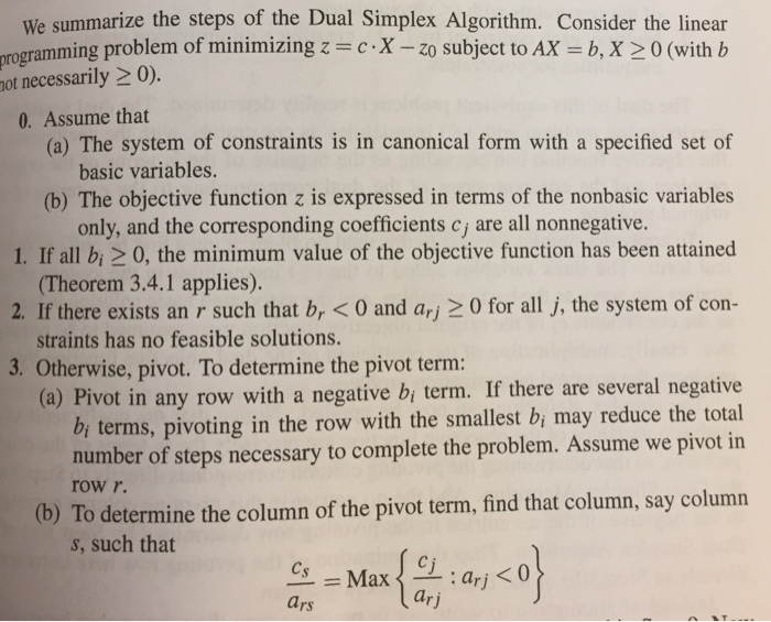 Solved We summarize the steps of the Dual Simplex Algorithm. | Chegg.com