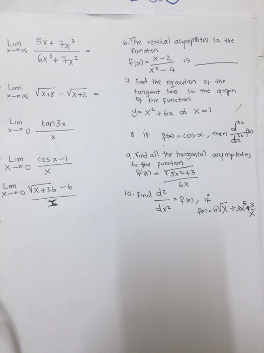 Solved Lim x rightarrow infinity 5x + 7x^3/6x^3 + 7x^2 = The | Chegg.com