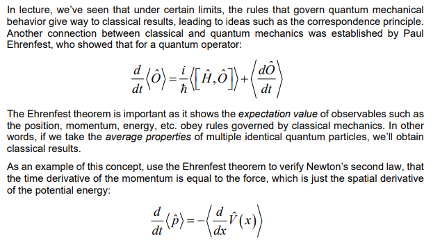 Solved Use The Ehrenfest Theorem To Verify Newtons Second