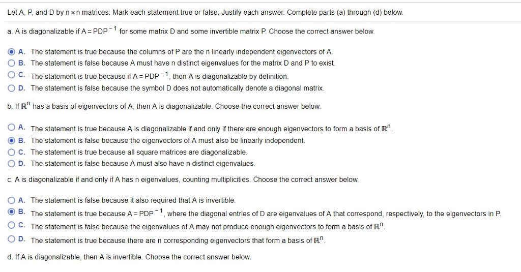 Solved Let A, P, and D by nxn matrices. Mark each statement | Chegg.com