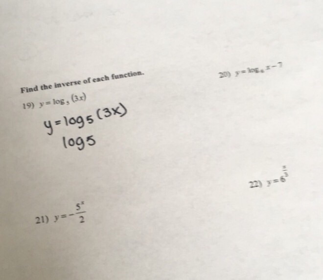 Solved Find The Inverse Of Each Function Y Log 5 3x Y