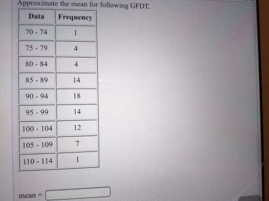 Solved Approximate the mean for following GFDT Data | Chegg.com