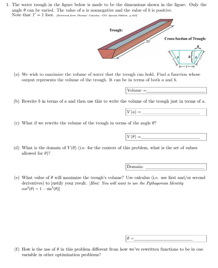Solved 1. Thc water trough in the figure below is made to be | Chegg.com