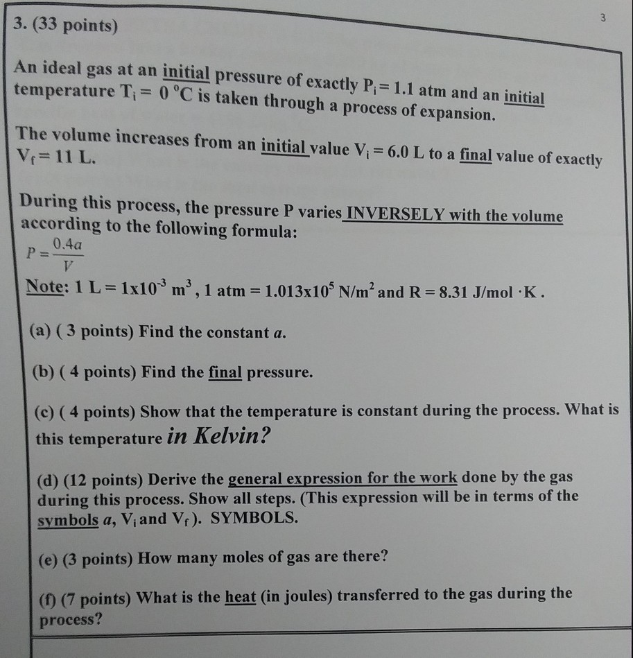 Solved 3. (33 points) An ideal gas at an initial pressure of | Chegg.com