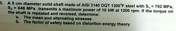 Solved A 5 cm diameter solid shaft made of AISI 3140 OQT | Chegg.com